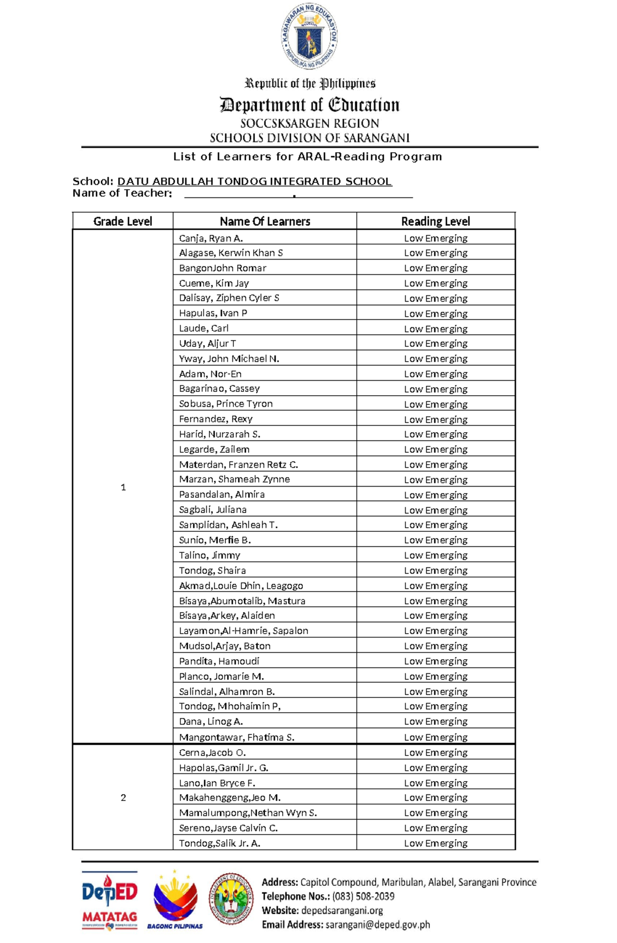 ARAL Reading Learners List - DATU ABDULLAH TONDOG INTEGRATED SCHOOL ...