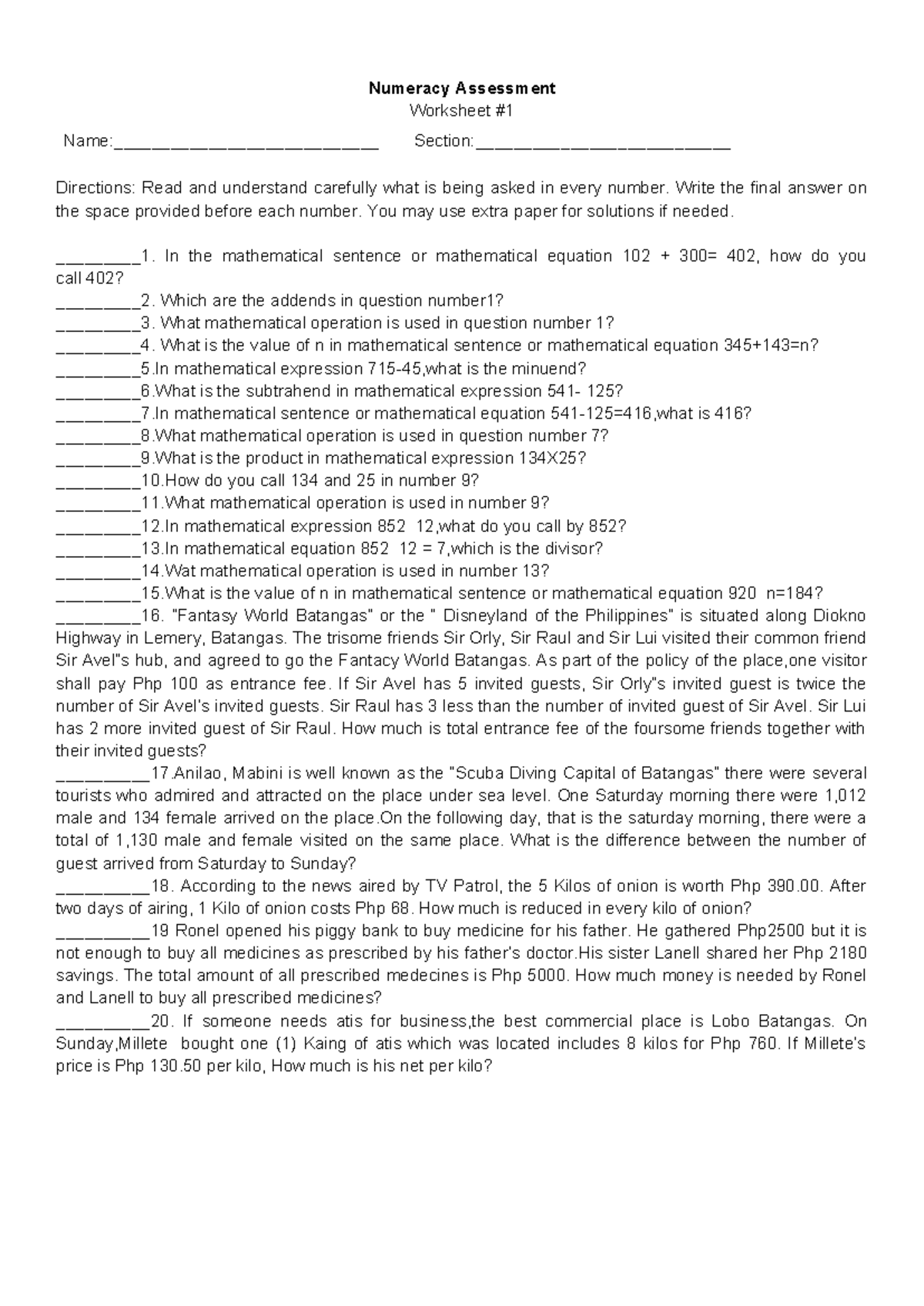 Numeracy Pre-Test Worksheet for Grade Exit Assessments - Studocu