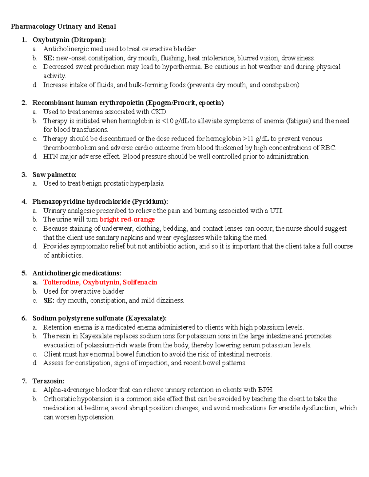 Pharmacology of Urinary & Renal Medications: Key Points & SEs - Studocu