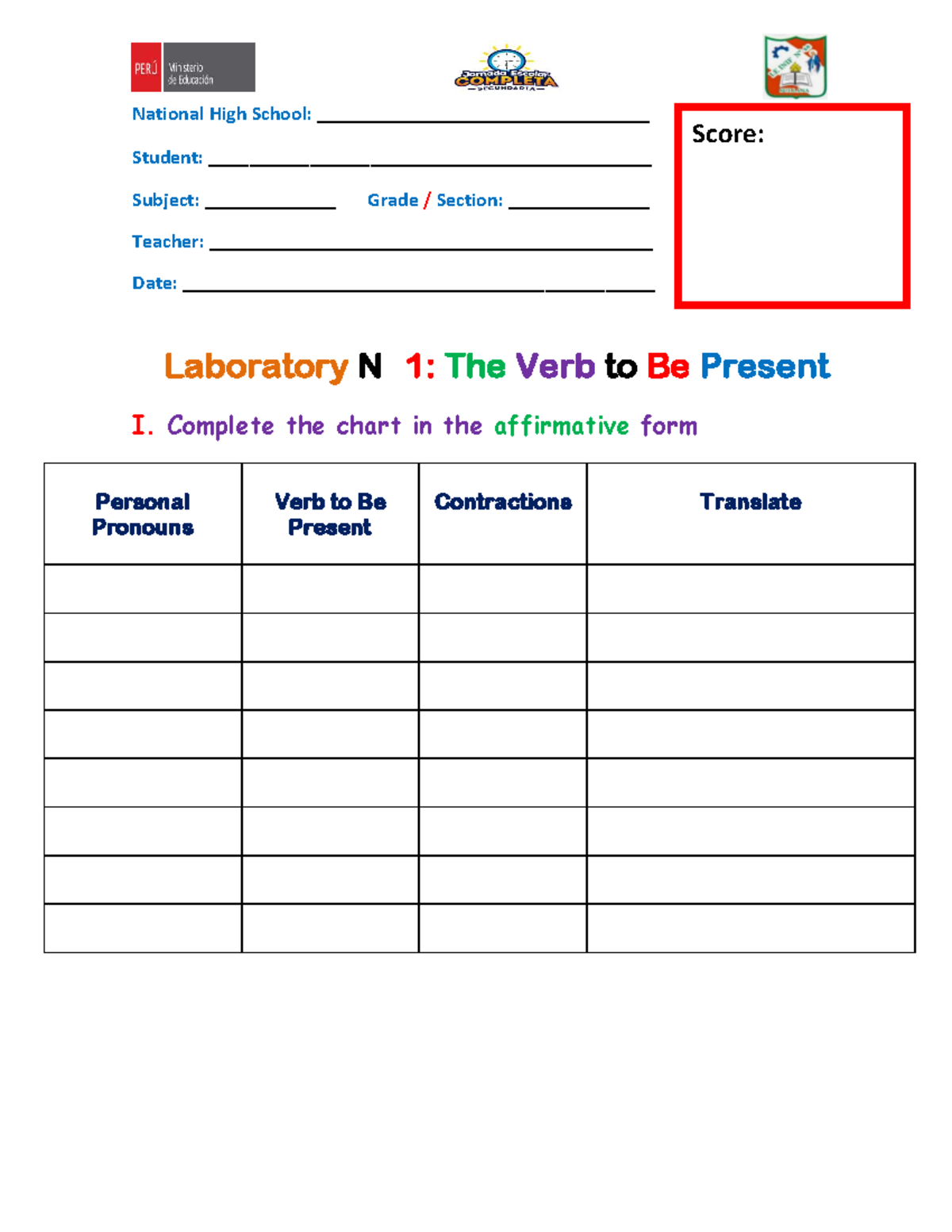 Laboratory Nº 1: The Verb to Be Present - Student Guide - Studocu