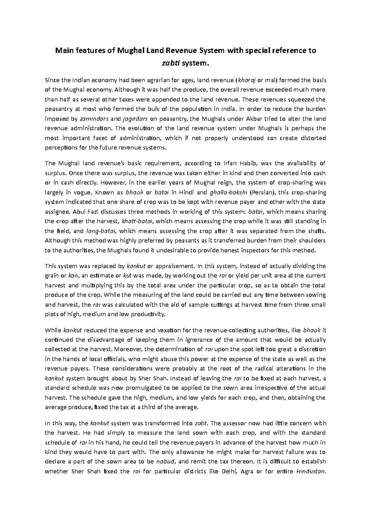 Mughals' Land Revenue System: Key Features & Zabti Method - Studocu