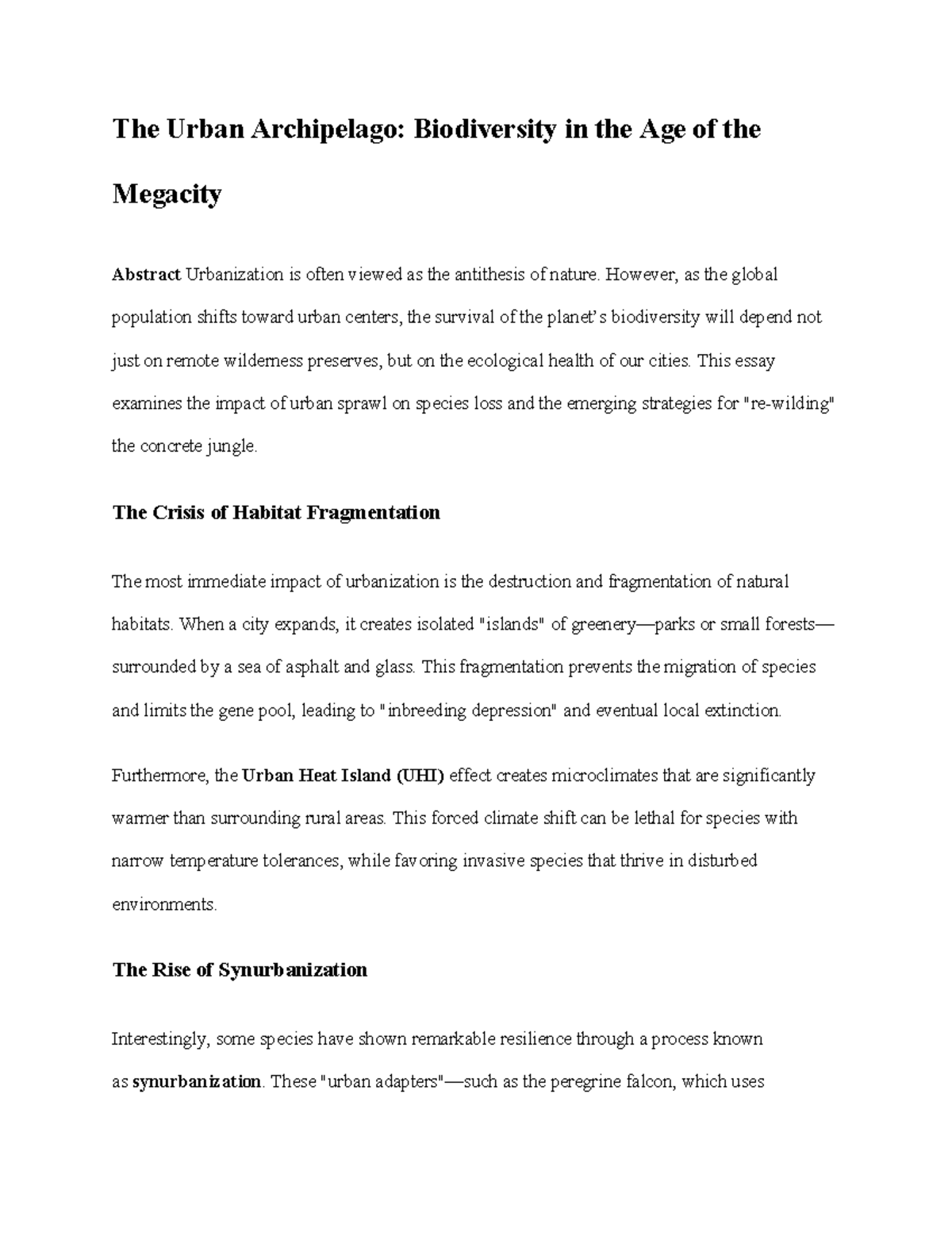 The Urban Archipelago: Biodiversity in Megacities - Essay - Studocu