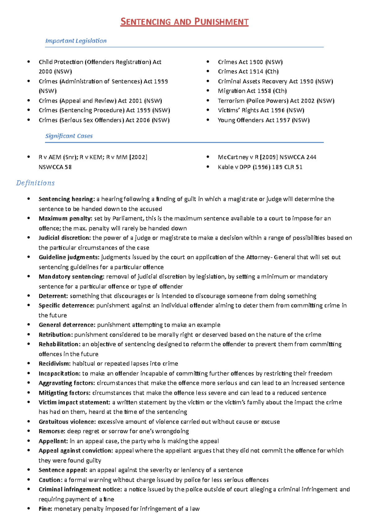 HSC Legal Studies - Crime Part 2: Sentencing & Punishment Notes - Studocu