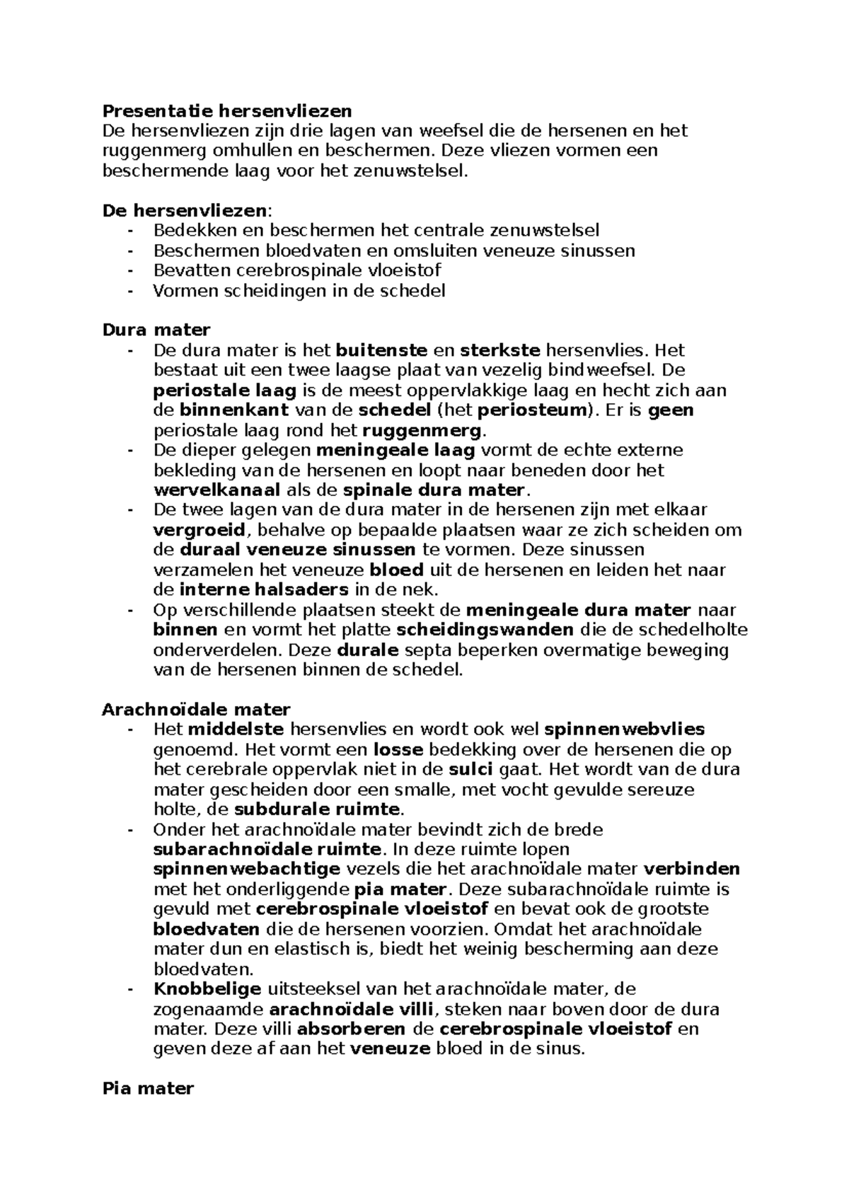 Presentatie van de Hersenvliezen - Anatomie en Functies - Studeersnel