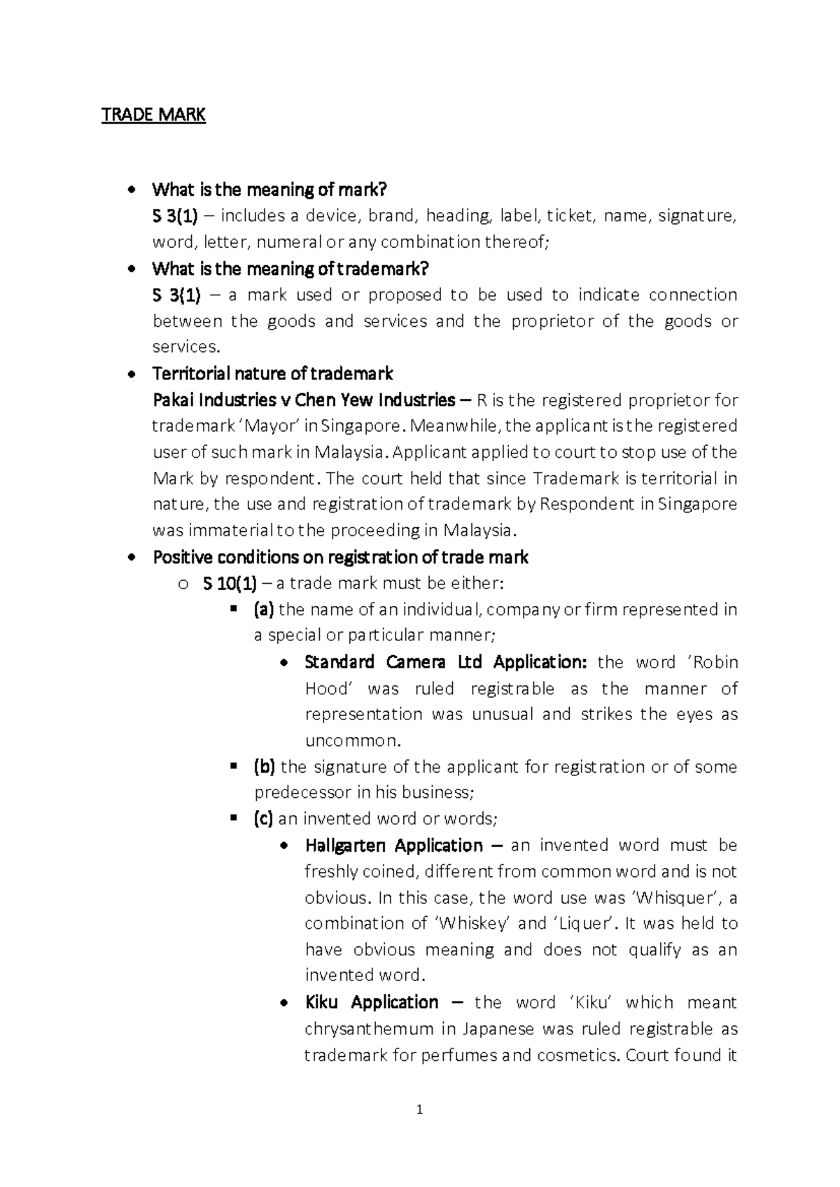 Trademark Law - LECTURE NOTES Overview and Key Concepts - Studocu
