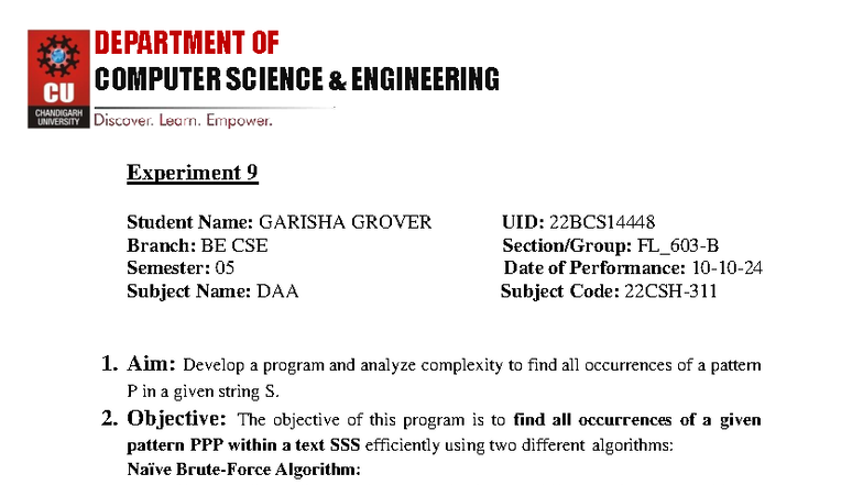DAA 9 - Pattern Matching Algorithms: Naïve & Hashing Techniques - Studocu