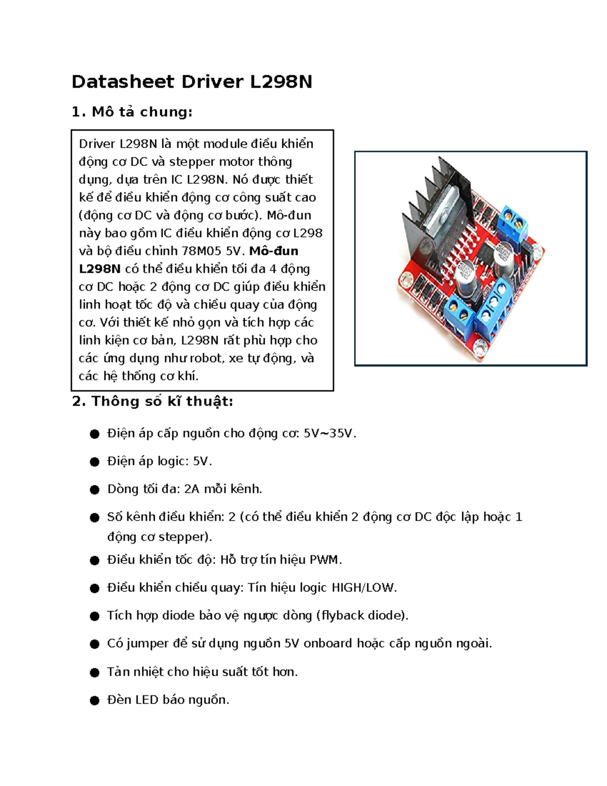 Datasheet for L298N motor driver module and specifications - Studocu