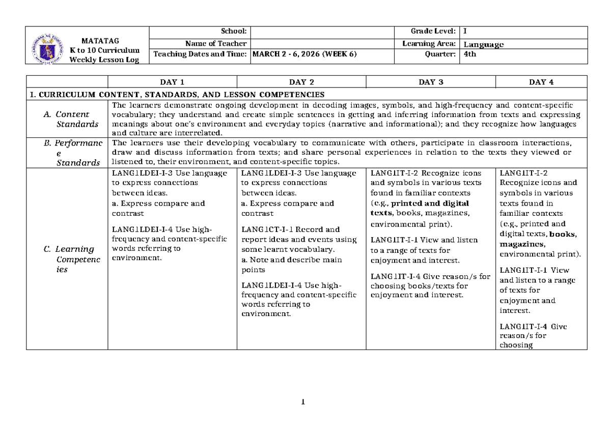 Grade 1 DLL Matatag Language Weekly Lesson Log - Q4 Week 6 - Studocu