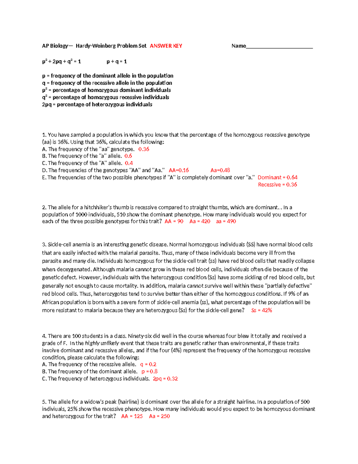 AP Biology - Hardy-Weinberg Problem Set Answer Key - Studocu