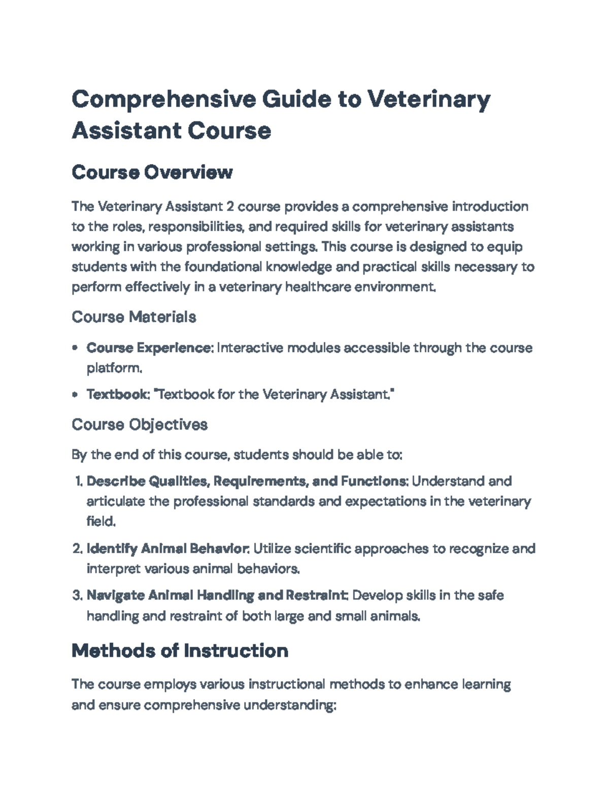 Veterinary Assistant 2 Course Guide: Objectives, Methods & Assessment ...