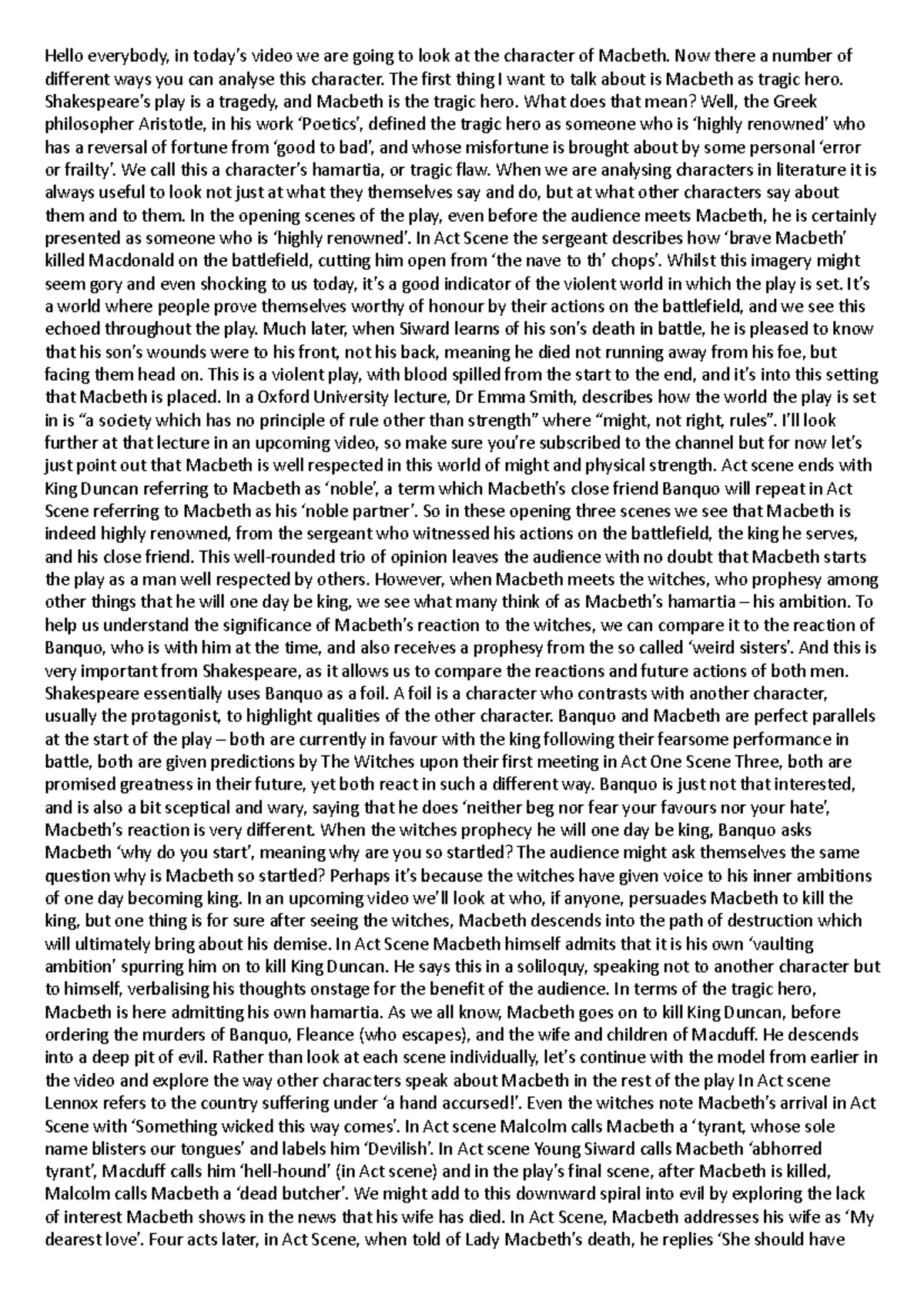Macbeth Character Analysis - Mr Bruff Video Transcript Summary - Studocu
