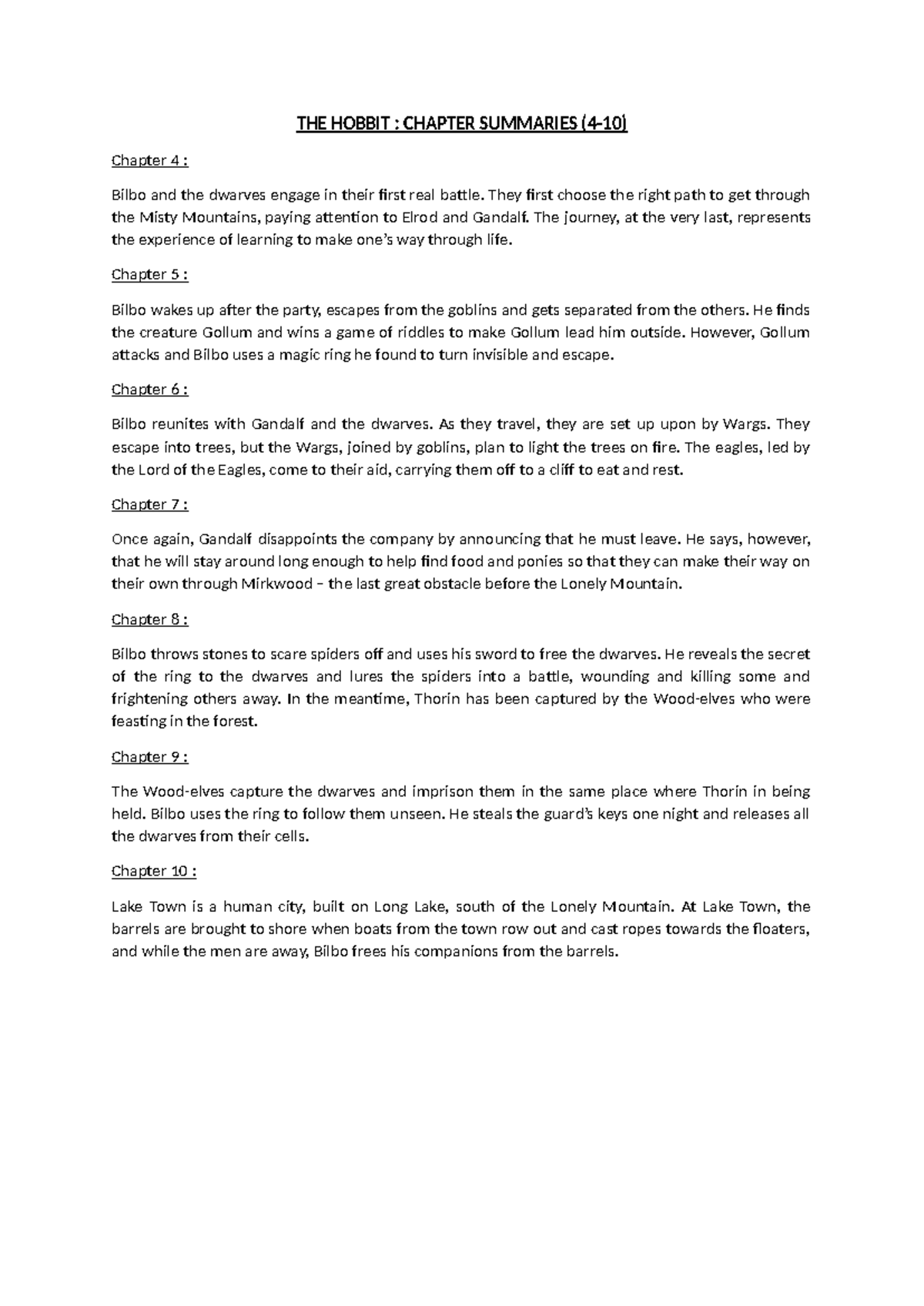 THE HOBBIT: CHAPTER SUMMARIES (Chapters 4-10) Analysis and Insights ...
