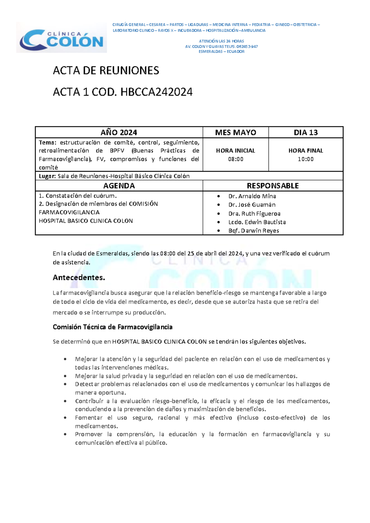 Acta De Reunión 1 Comisión Farmacovigilancia Hbcca242024 Studocu