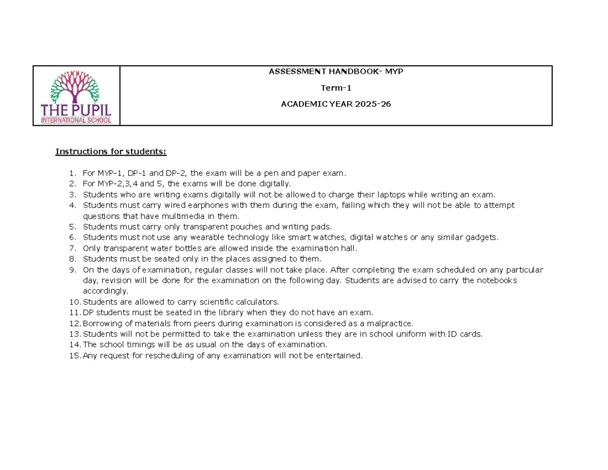 MYP DP Term 1 Assessment Handbook AY 2025-26 - Studocu