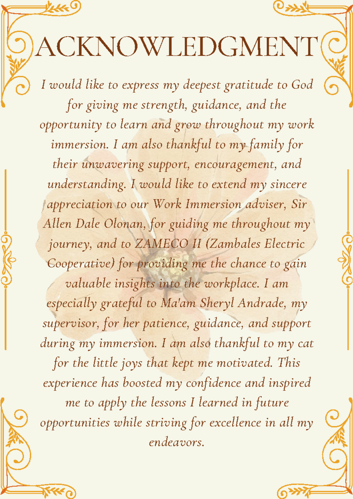ACKNOWLEDGMENT: Gratitude for Work Immersion Experience - Studocu