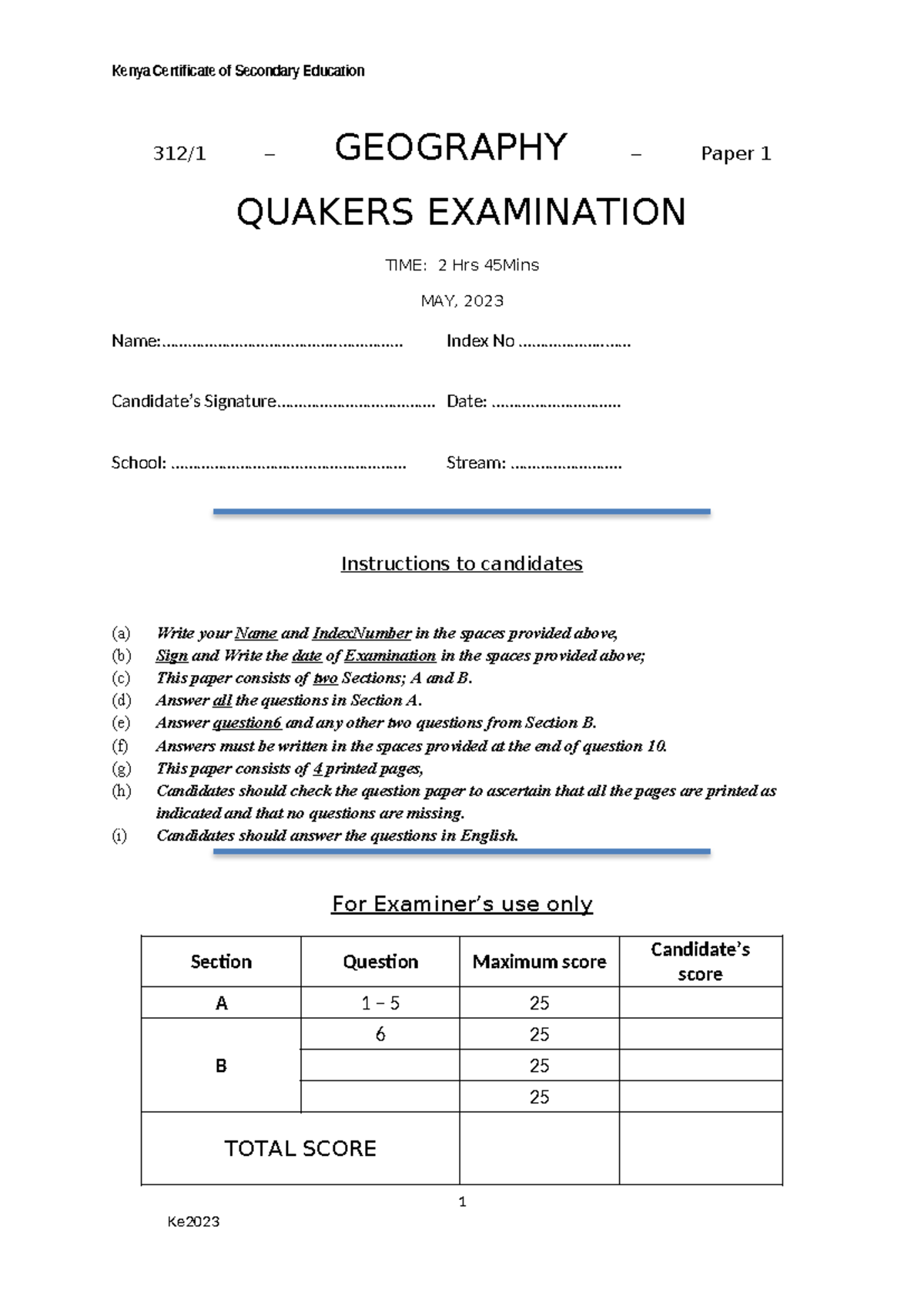 MOCK 2023 Geography - Assessment for KCSE Paper 1 - Studocu