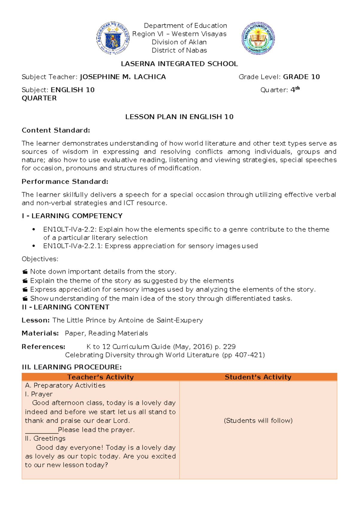 LP: Lesson Plan on "The Little Prince" - English 10, 4th Quarter - Studocu