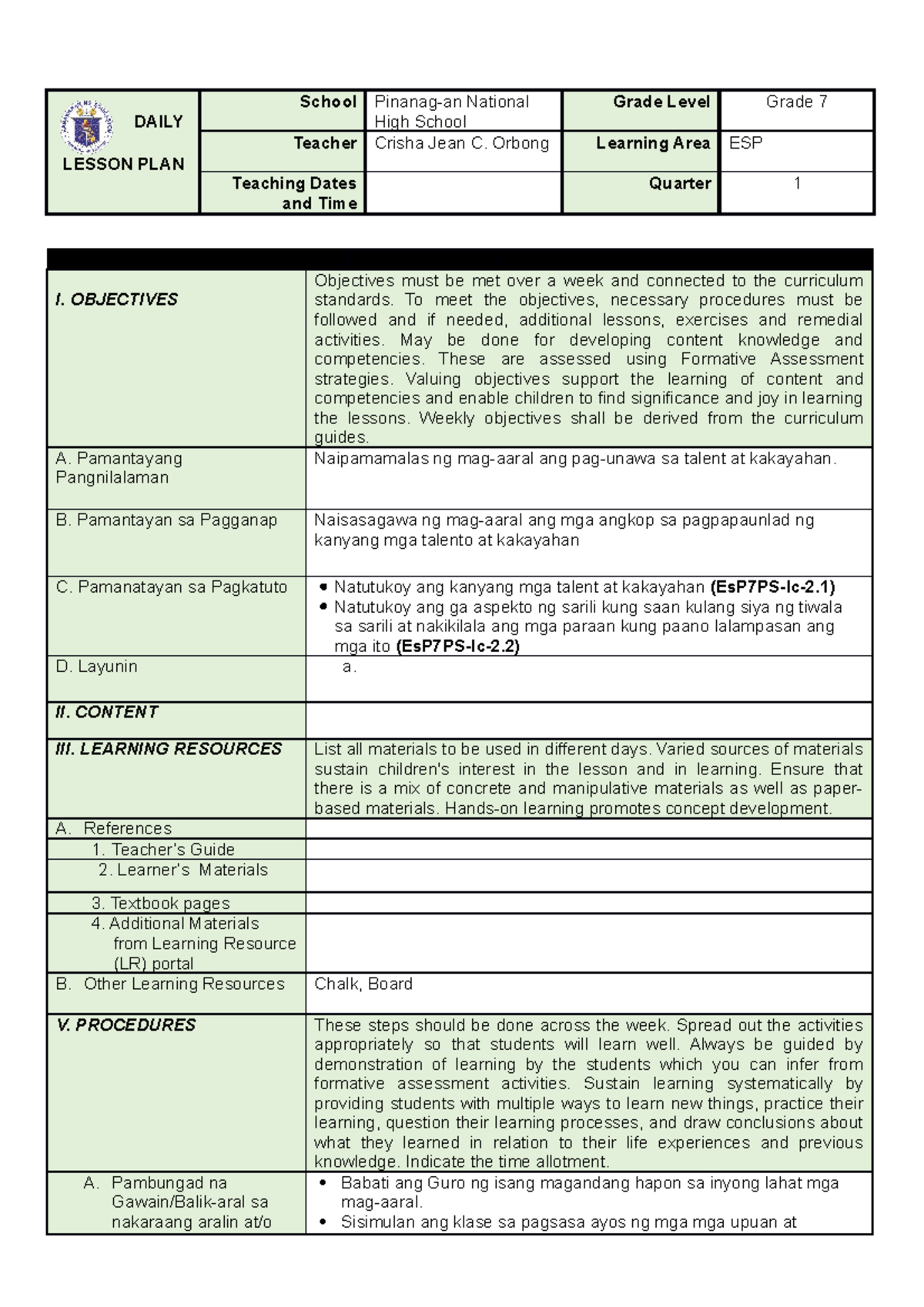 DLP G7 ESP - Weekly Lesson Plan and Teacher's Reflection - Studocu