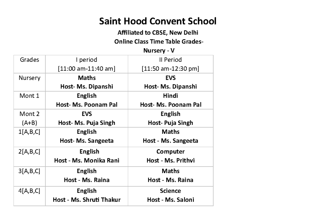 CBSE Online Class Time Table for Grades 1-5 at Saint Hood Convent - Studocu