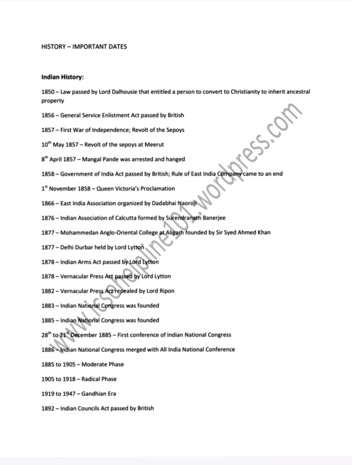 Indian History Timeline: Key Events and Legislation (HIST 123) - Studocu