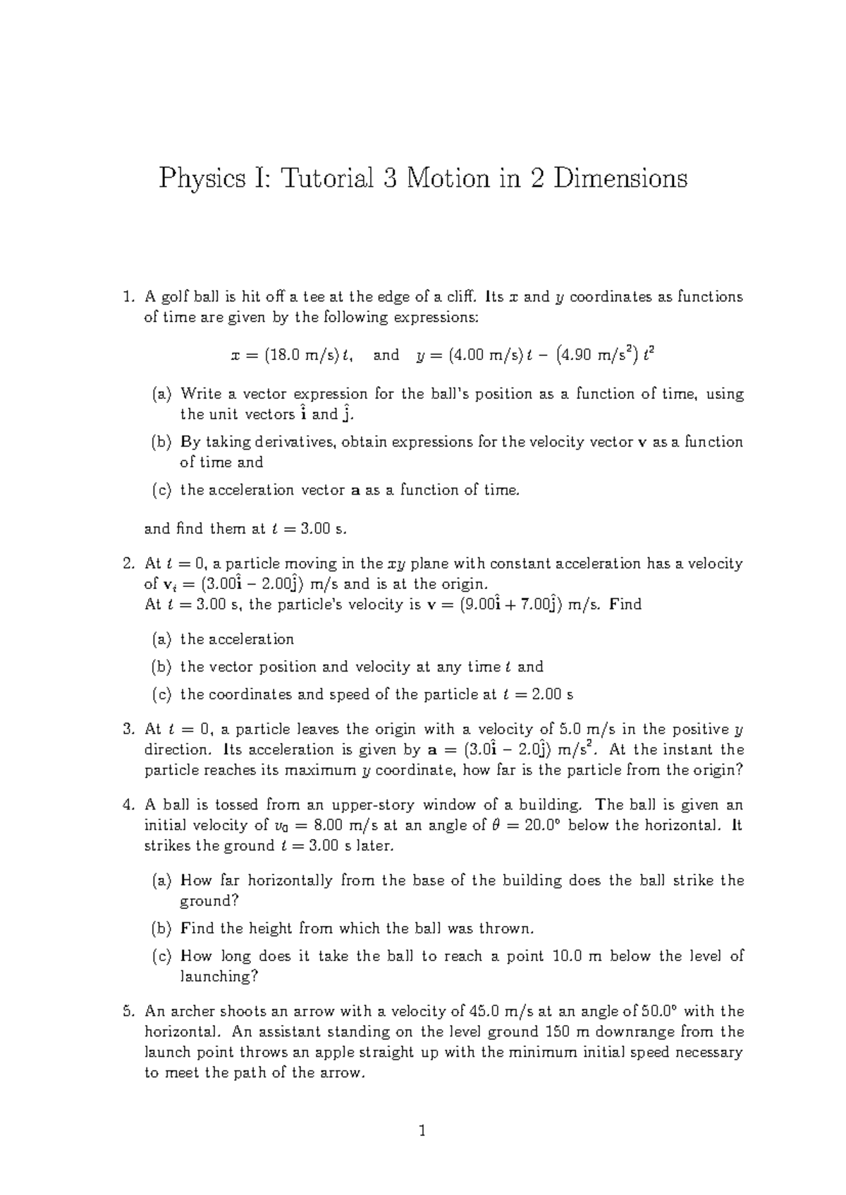 Physics I: Tutorial 3 - Motion in 2 Dimensions Analysis - Studocu