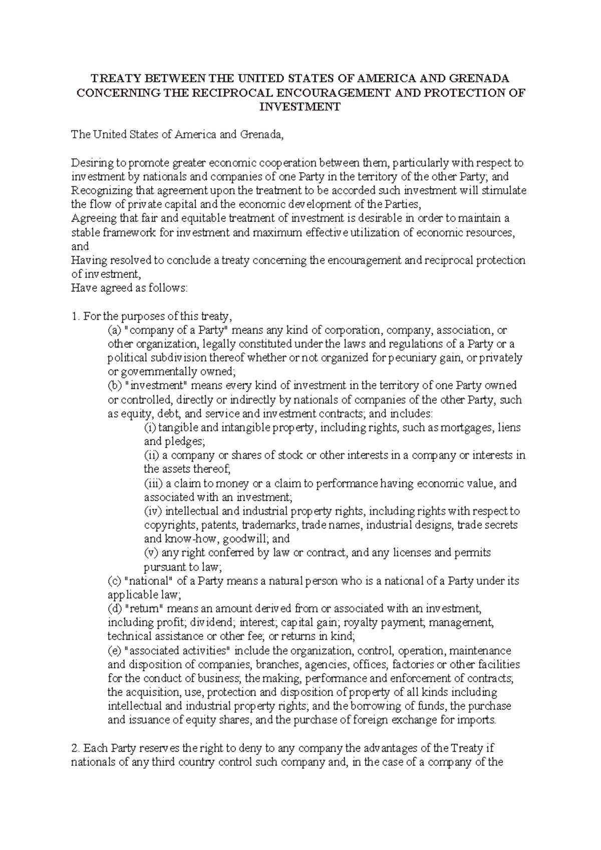 Grenada-USA BIT (Bilateral Investment Treaty) - Lecture Notes - Studocu