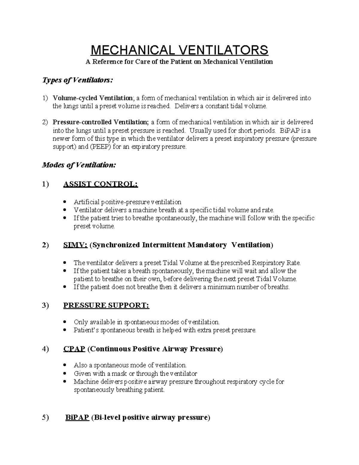 MECHANICAL VENTILATORS: Types, Modes, and Settings Overview - Studocu