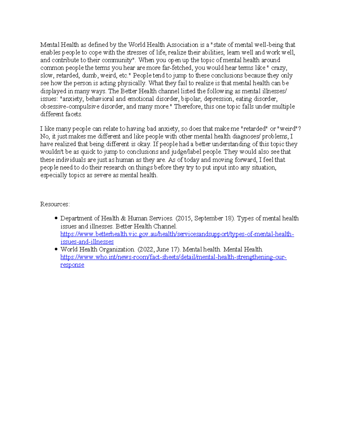 Hum 102 3-2 Short Answer on Mental Health Biases and Assumptions - Studocu