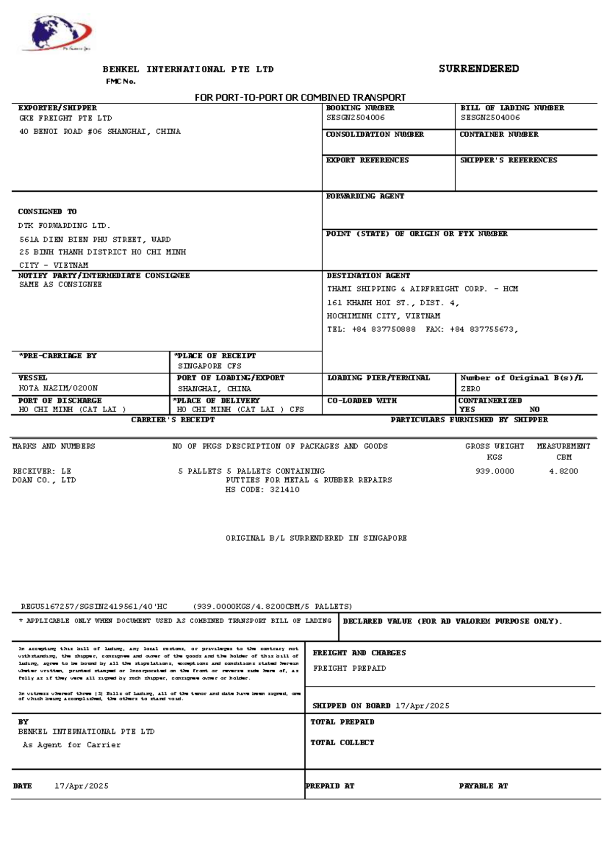 MBL SESGN2504006 - Combined Transport Bill of Lading Details - Studocu