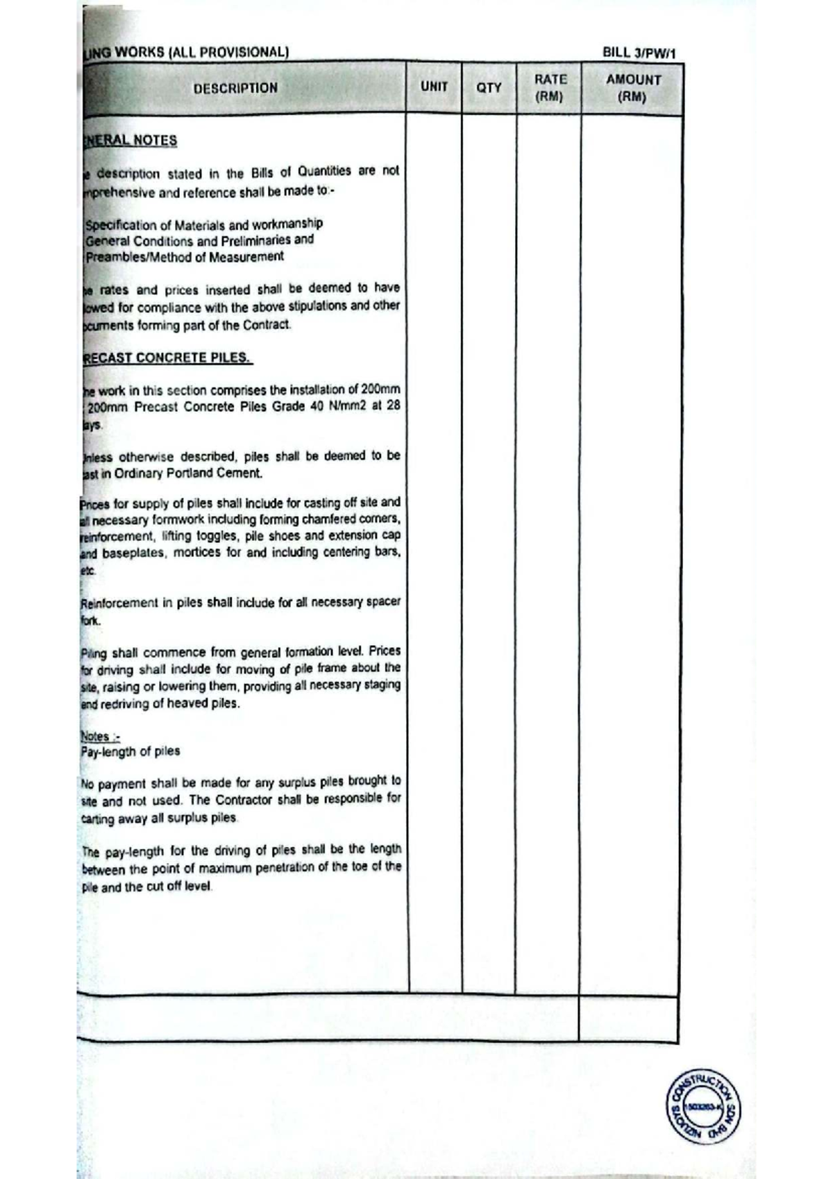 PILING WORKS (ALL PROVISIONAL) BILL - LING 1503283 - Studocu