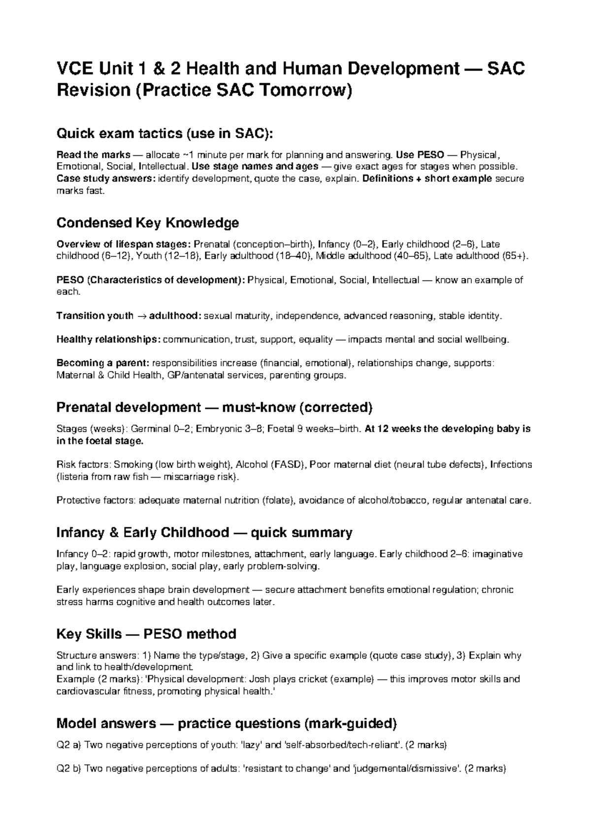 VCE Unit 1 2 Health and Human Development SAC Revision Guide - Studocu