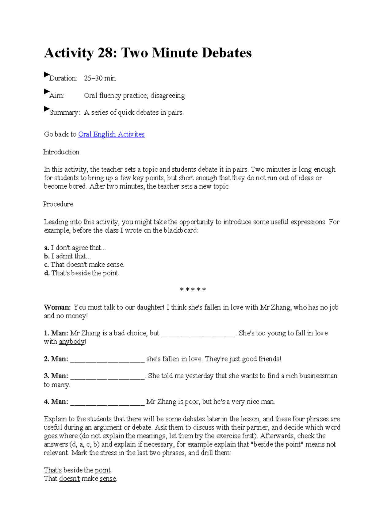 2 Minute Debates: ESL Oral Fluency Activity (Activity 28) - Studocu