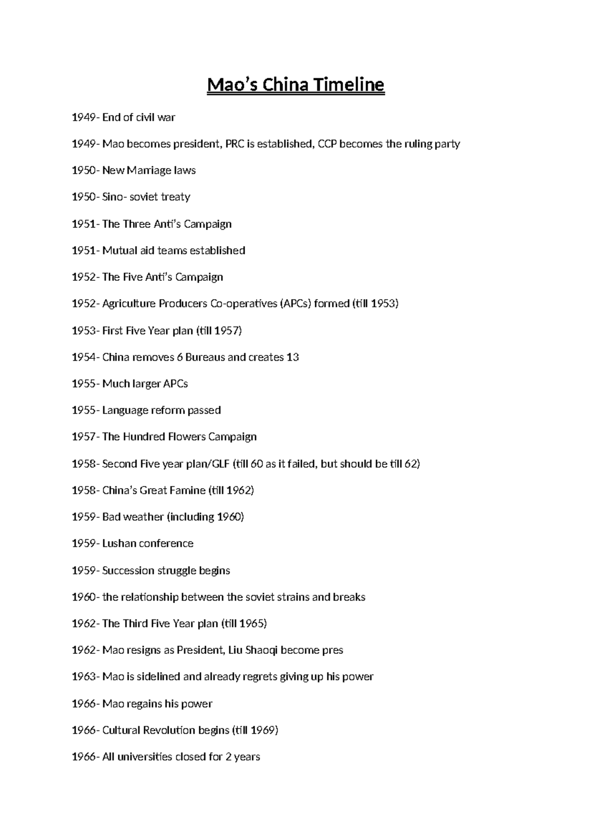 Mao's China Timeline (1949-1966): Key Events and Turning Points - Studocu