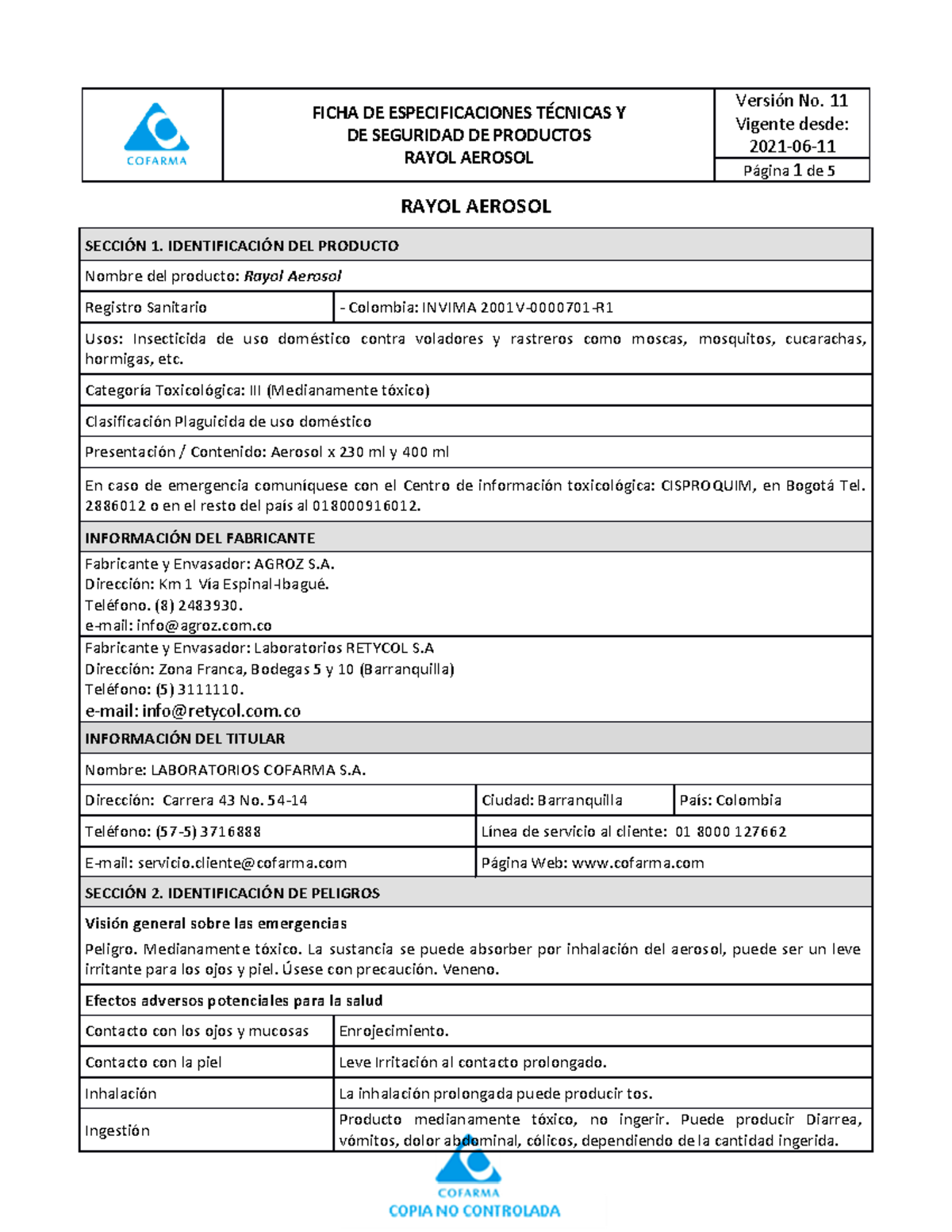 MSDS Rayol Aerosol V11 - Ficha de seguridad de productos químicos - Studocu