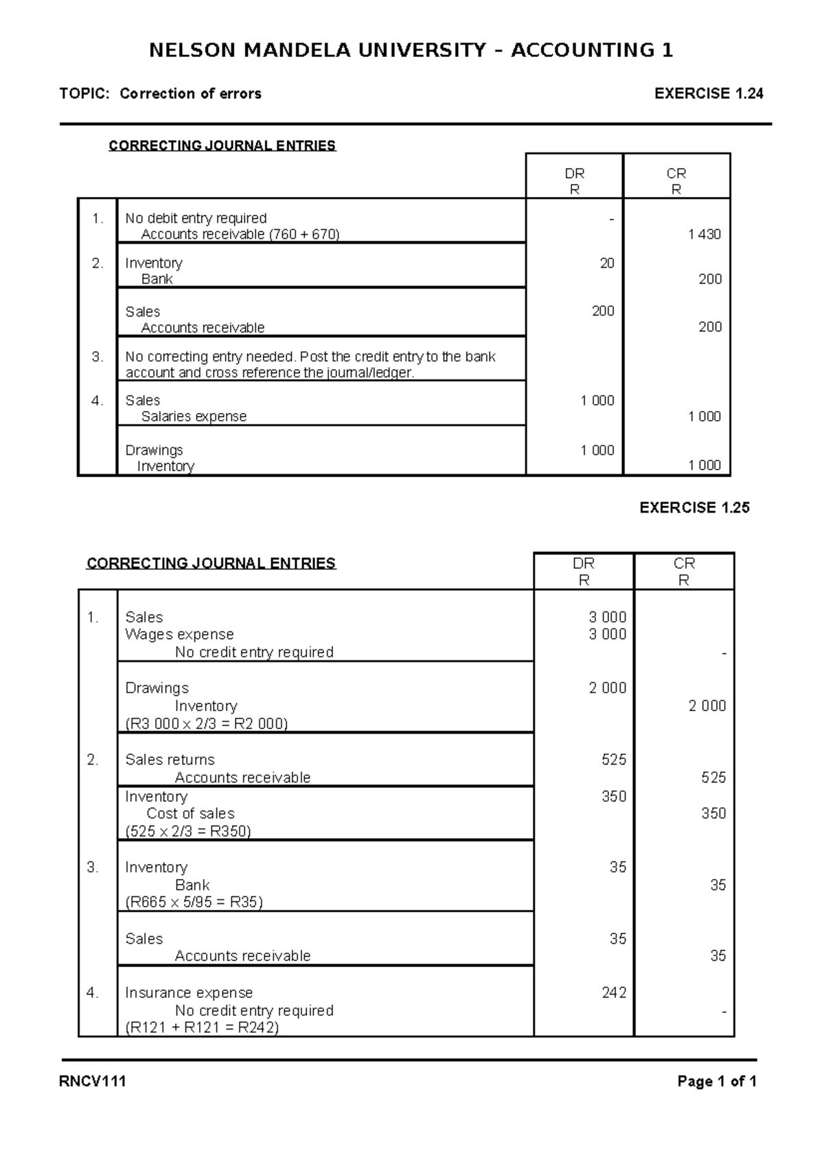 Correction of Errors: EXER 1.24 & 1.25 Journal Entries - NELSON MANDELA ...