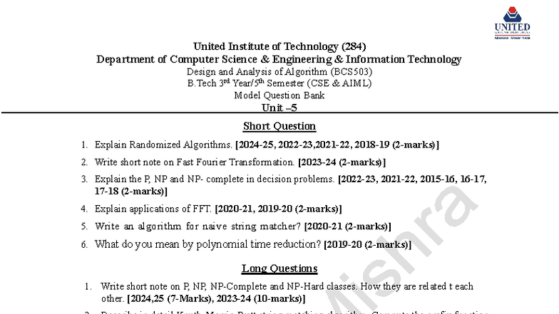 DAA Question Bank Unit 5 (BCS503) - Algorithms & Complexity Concepts ...