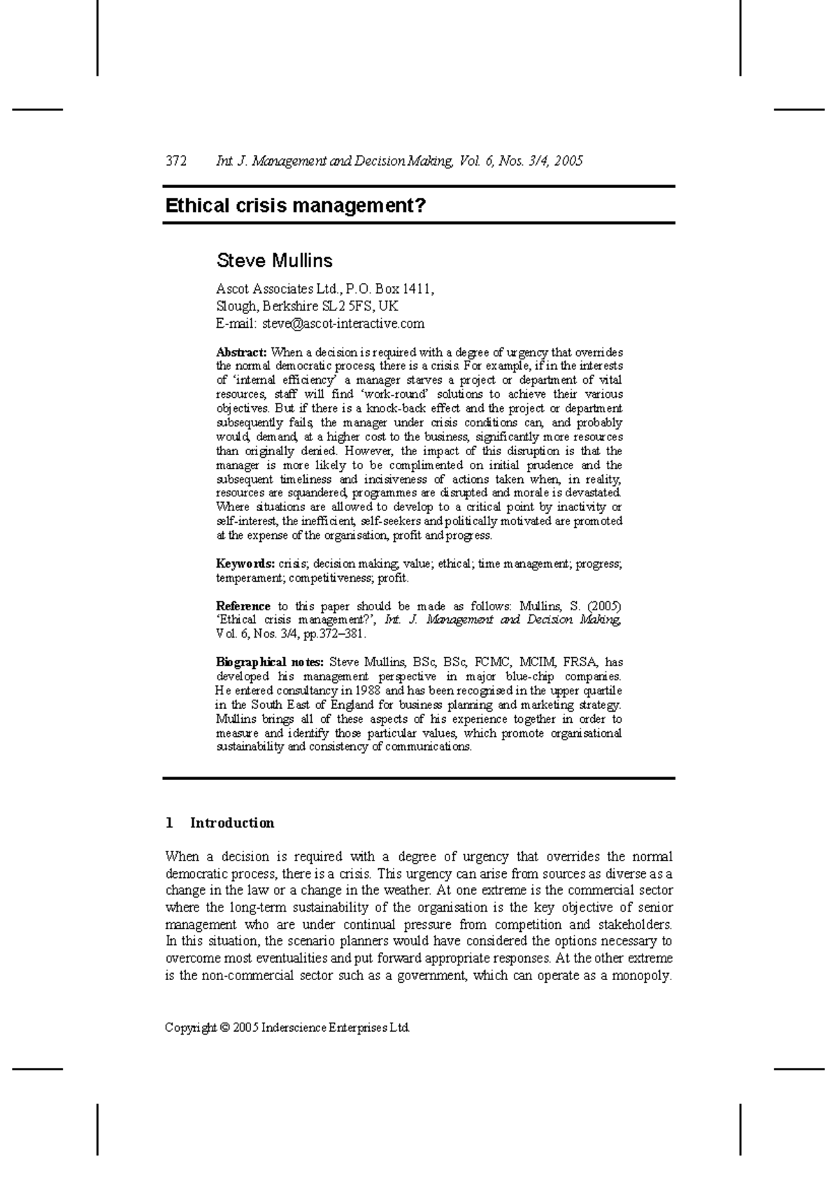 Ethical crisis management - 372 Int. J. Management and Decision Making ...