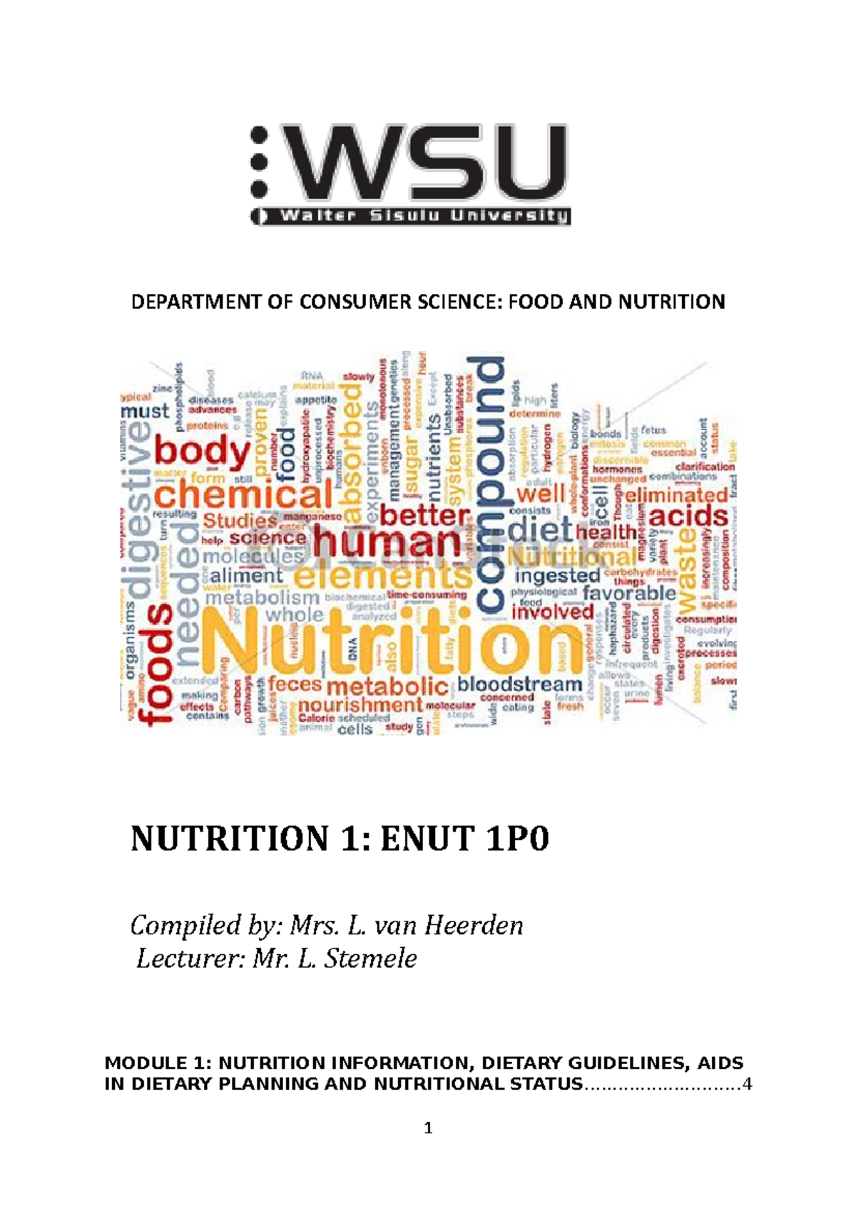 Nutrition notes chapter 1 - DEPARTMENT OF CONSUMER SCIENCE: FOOD AND ...