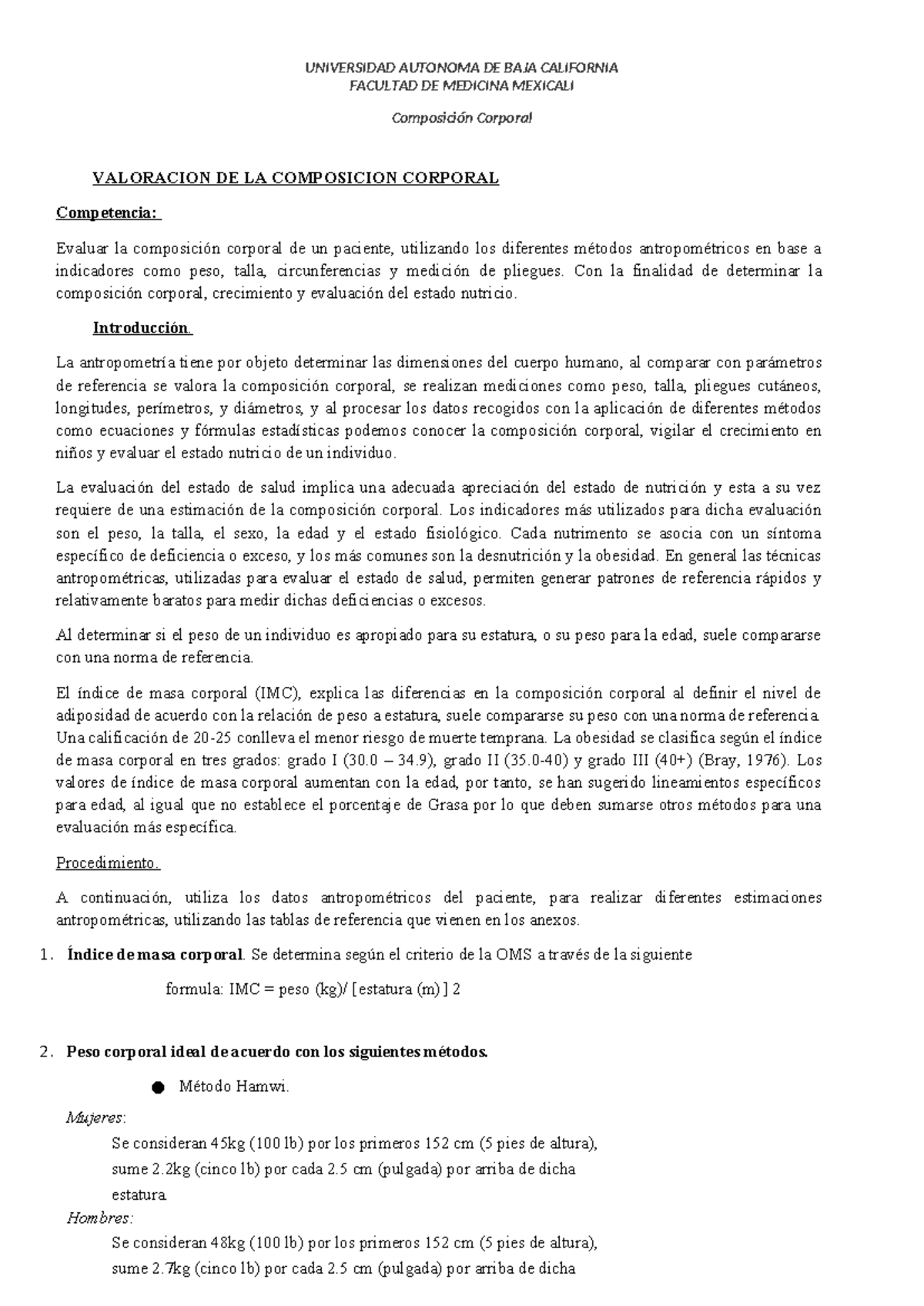 Valoracion composicion corporal 2da practica - FACULTAD DE MEDICINA ...