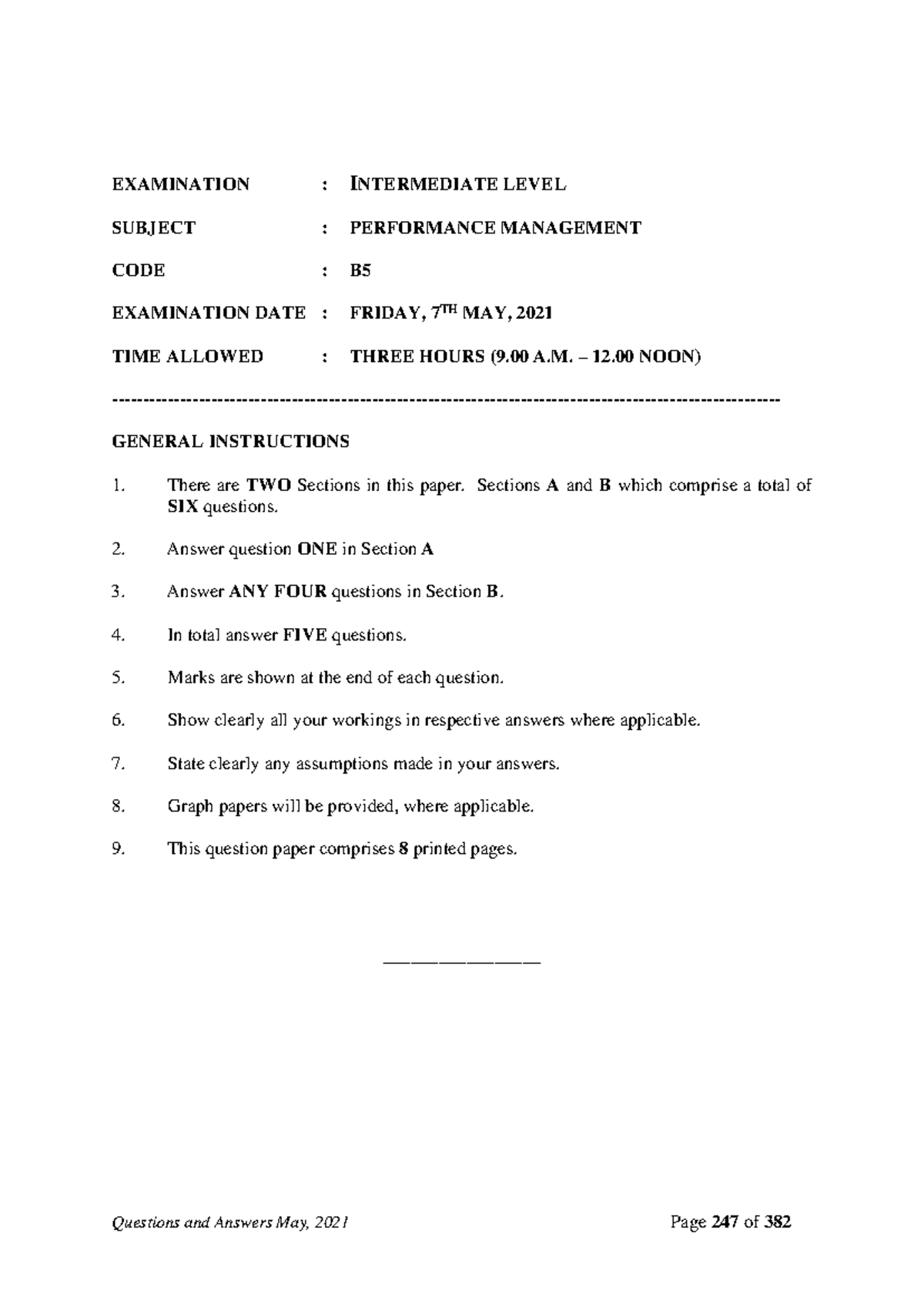 Performance Management Exam Paper B5 - Intermediate Level May 2021 ...