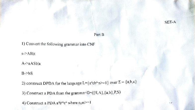 Formal Language Automata-ft 3 paper - 1) Convert the following grammar ...