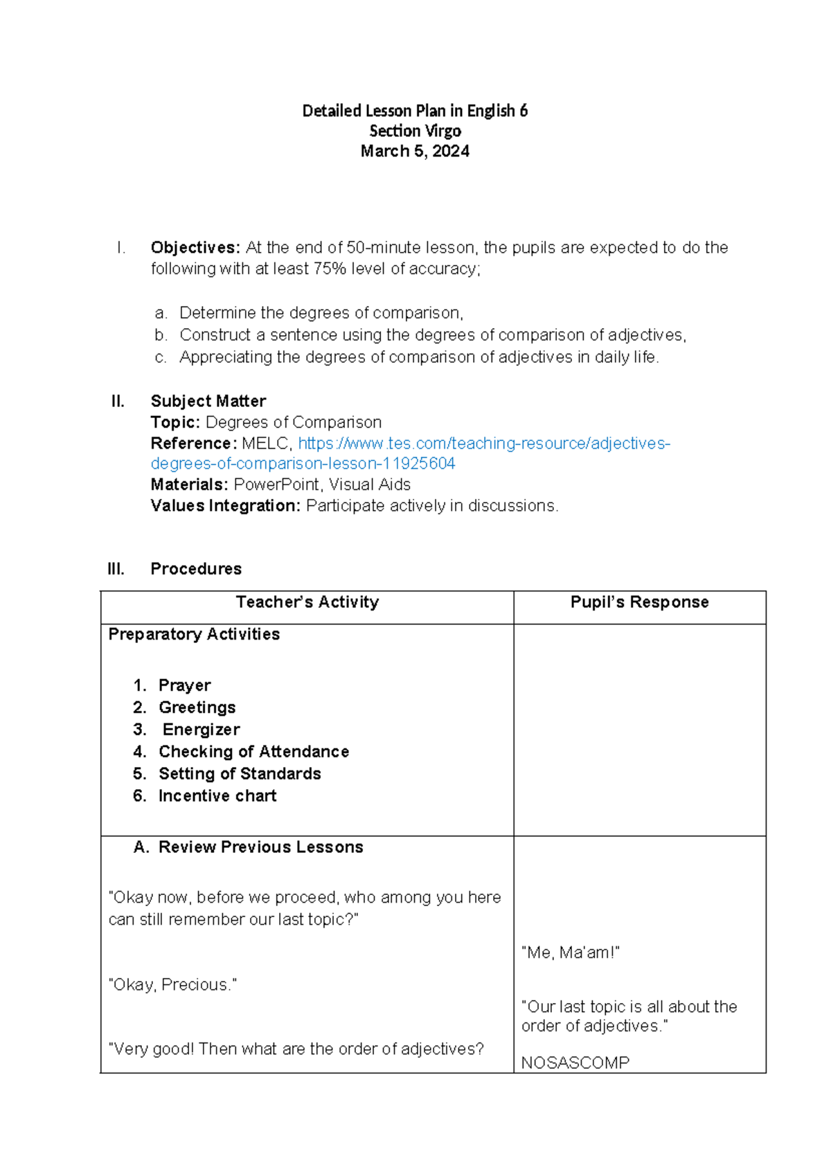 English 6 Lesson Plan: Degrees of Adjectives - Section Virgo - Studocu