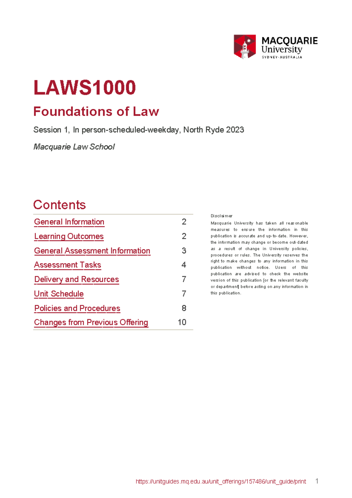 LAWS 1000: Foundations of Law Unit Outline and Assessment Tasks - Studocu