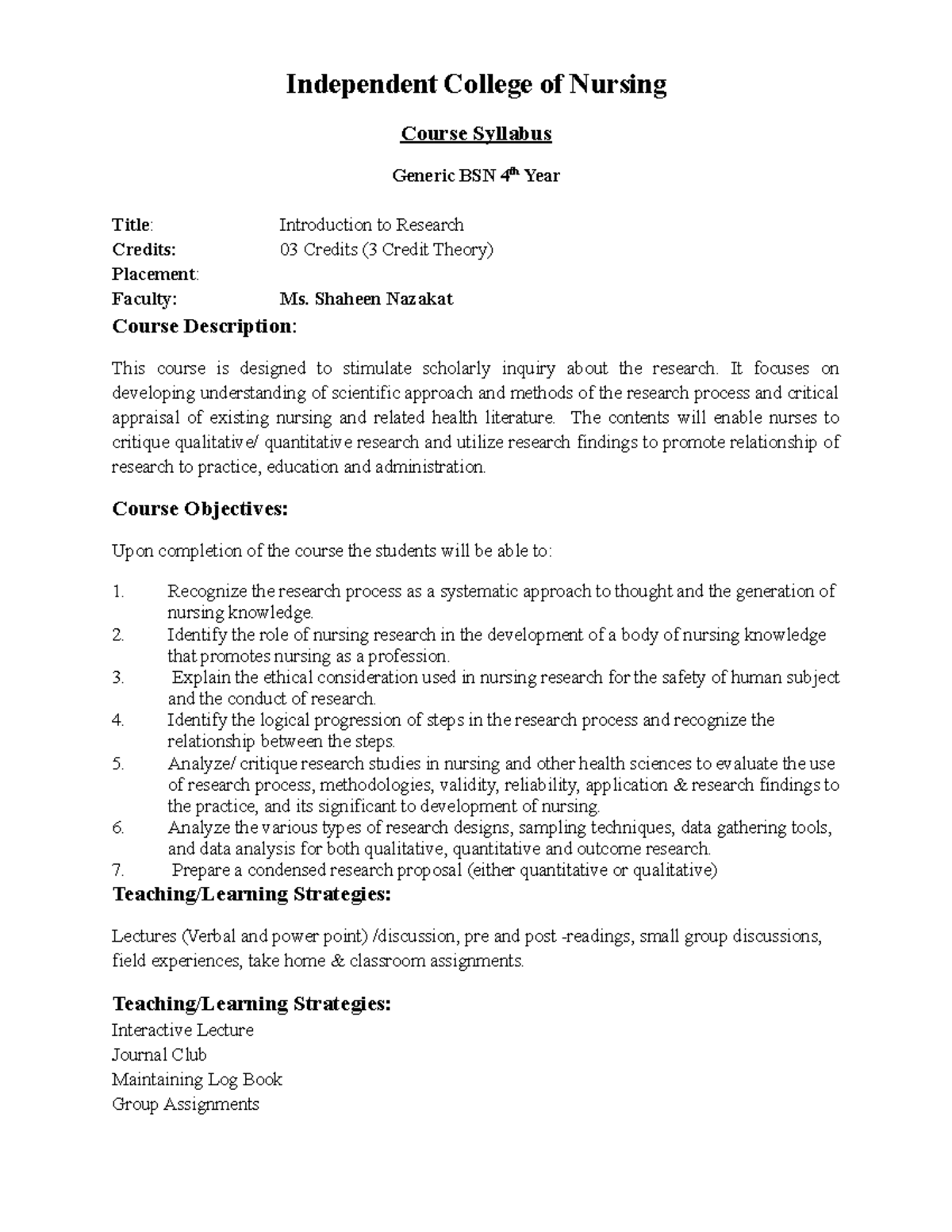Master plan Nursing Research - Independent College of Nursing Course ...