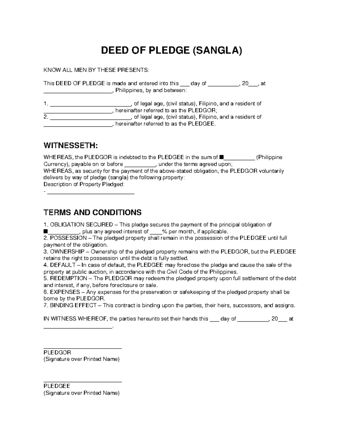 Deed of Pledge (Sangla) - Terms and Conditions Overview - Studocu