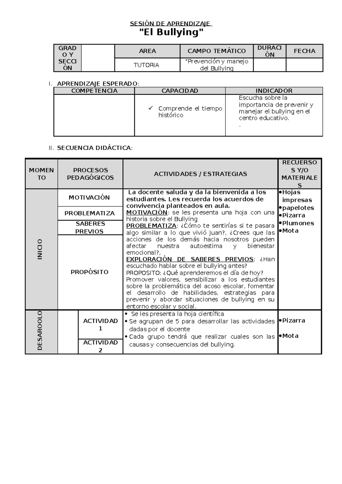 Sesión de Aprendizaje sobre Bullying - GRAD 2023 - Studocu