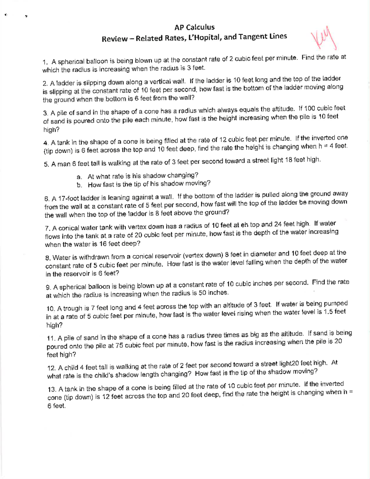4.1 Solutions Review - Related Rates, L'Hopital, and Tangent - ipping ...