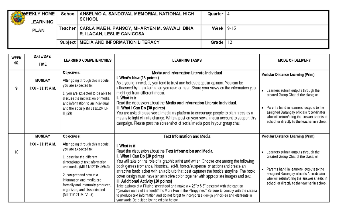 Media and Information Literacy - WEEKLY HOME LEARNING PLAN School ...