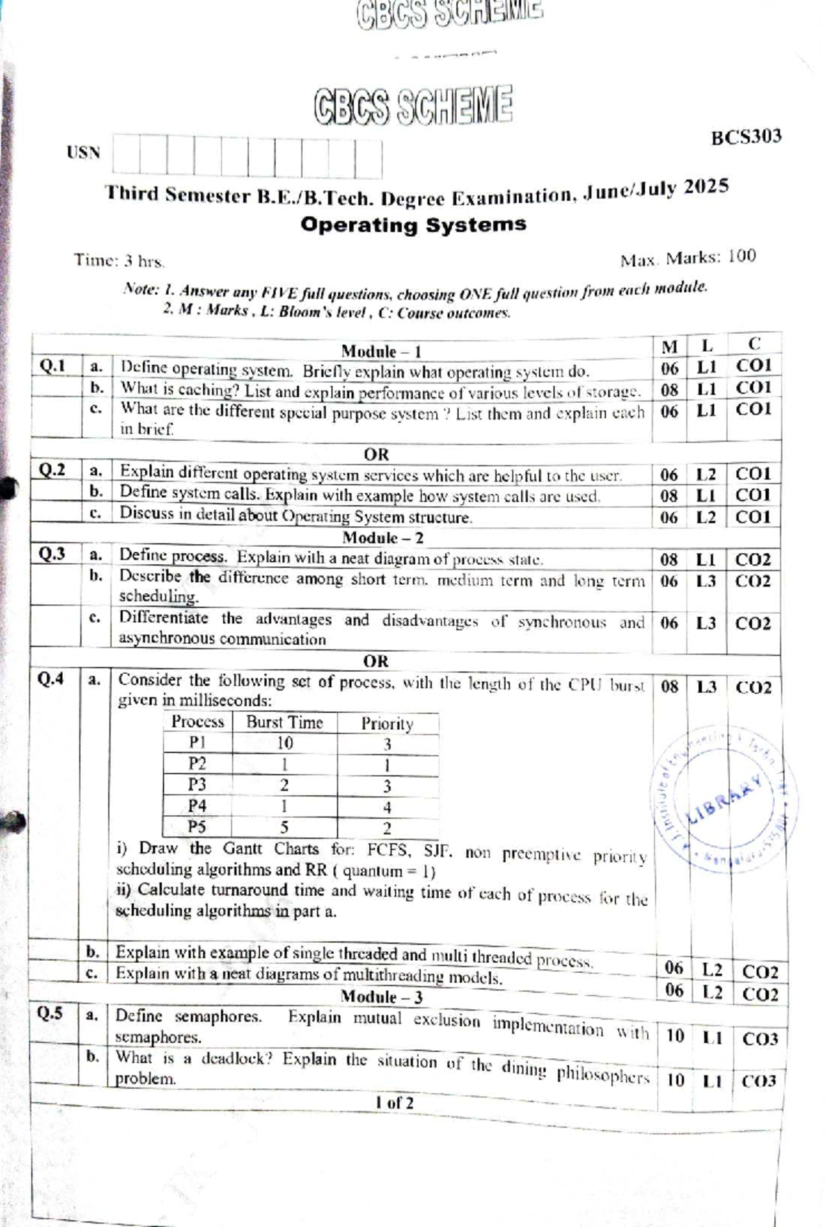 BCS303 Third Semester Operating Systems Exam Paper - 2025 - Studocu