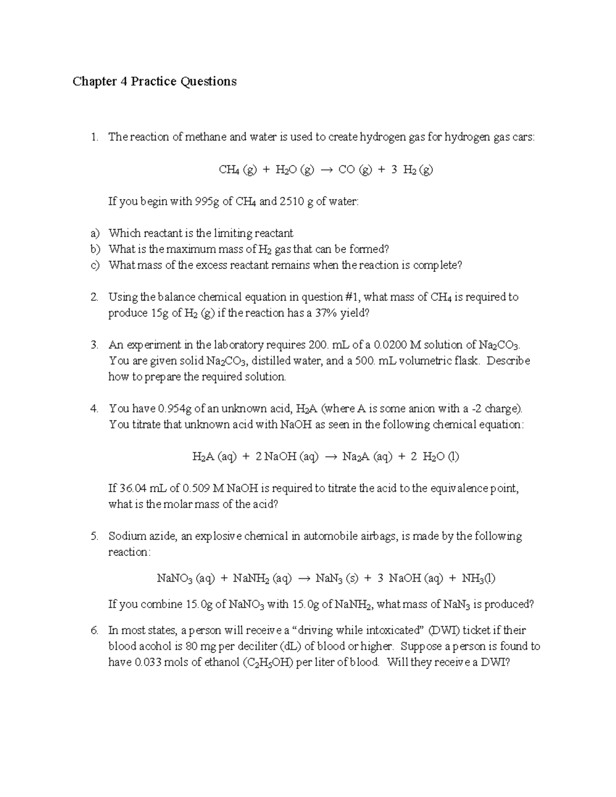 Chapter 4 Practice Questions: Limiting Reactants & Solutions - Studocu